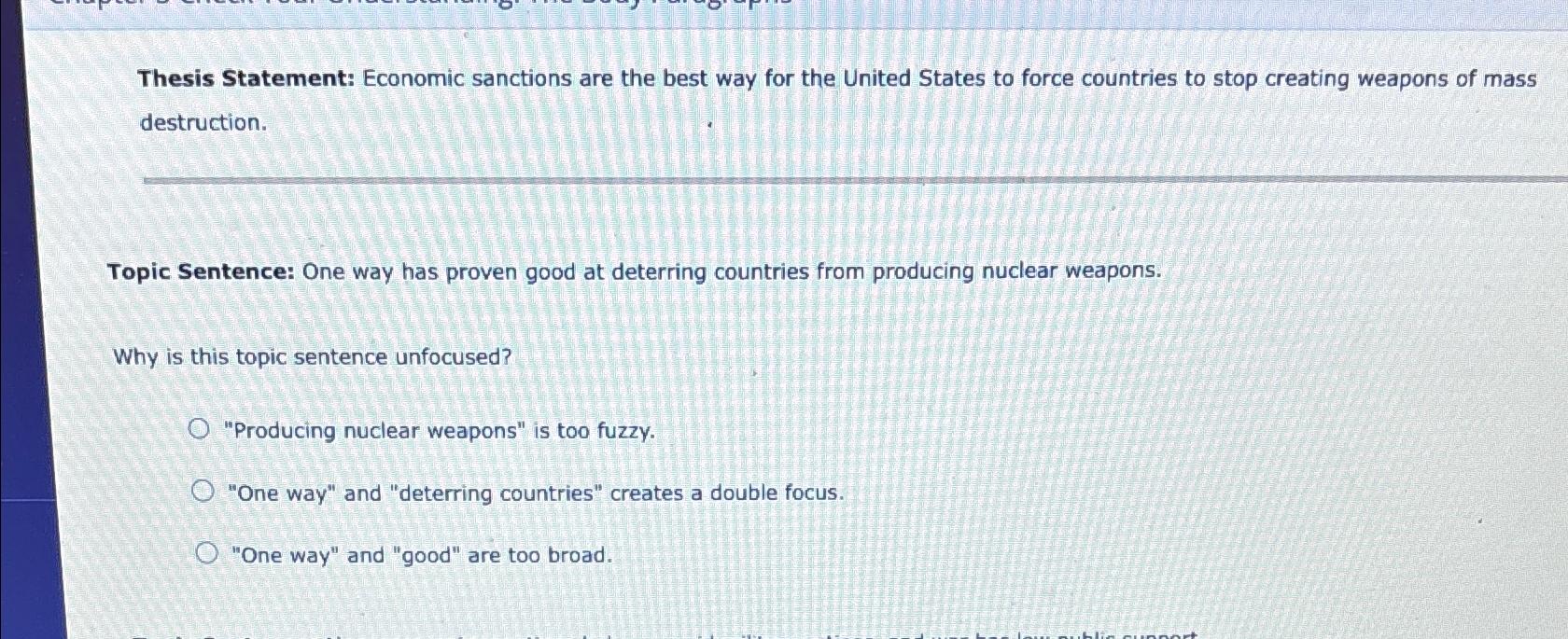 Solved Thesis Statement: Economic sanctions are the best way | Chegg.com