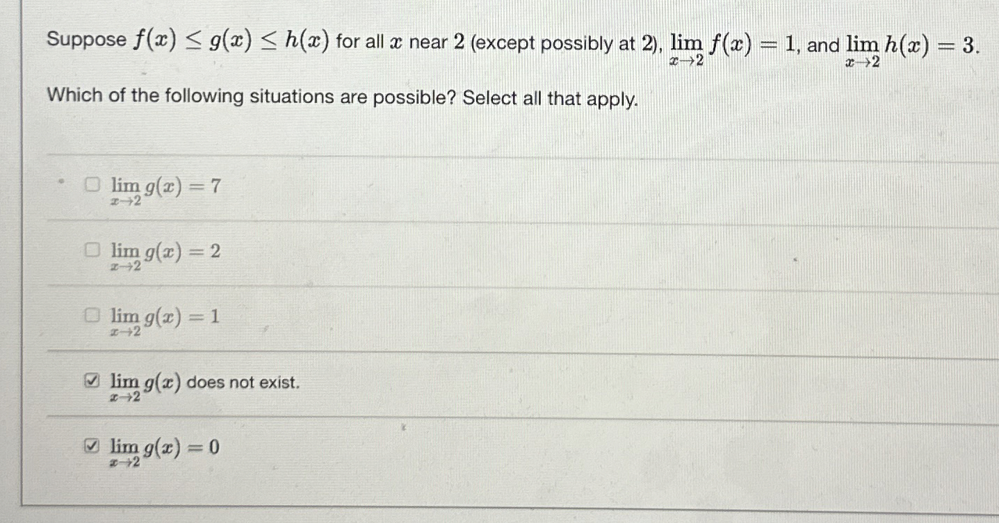 Suppose f(x)≤g(x)≤h(x) ﻿for all x ﻿near 2 (except | Chegg.com