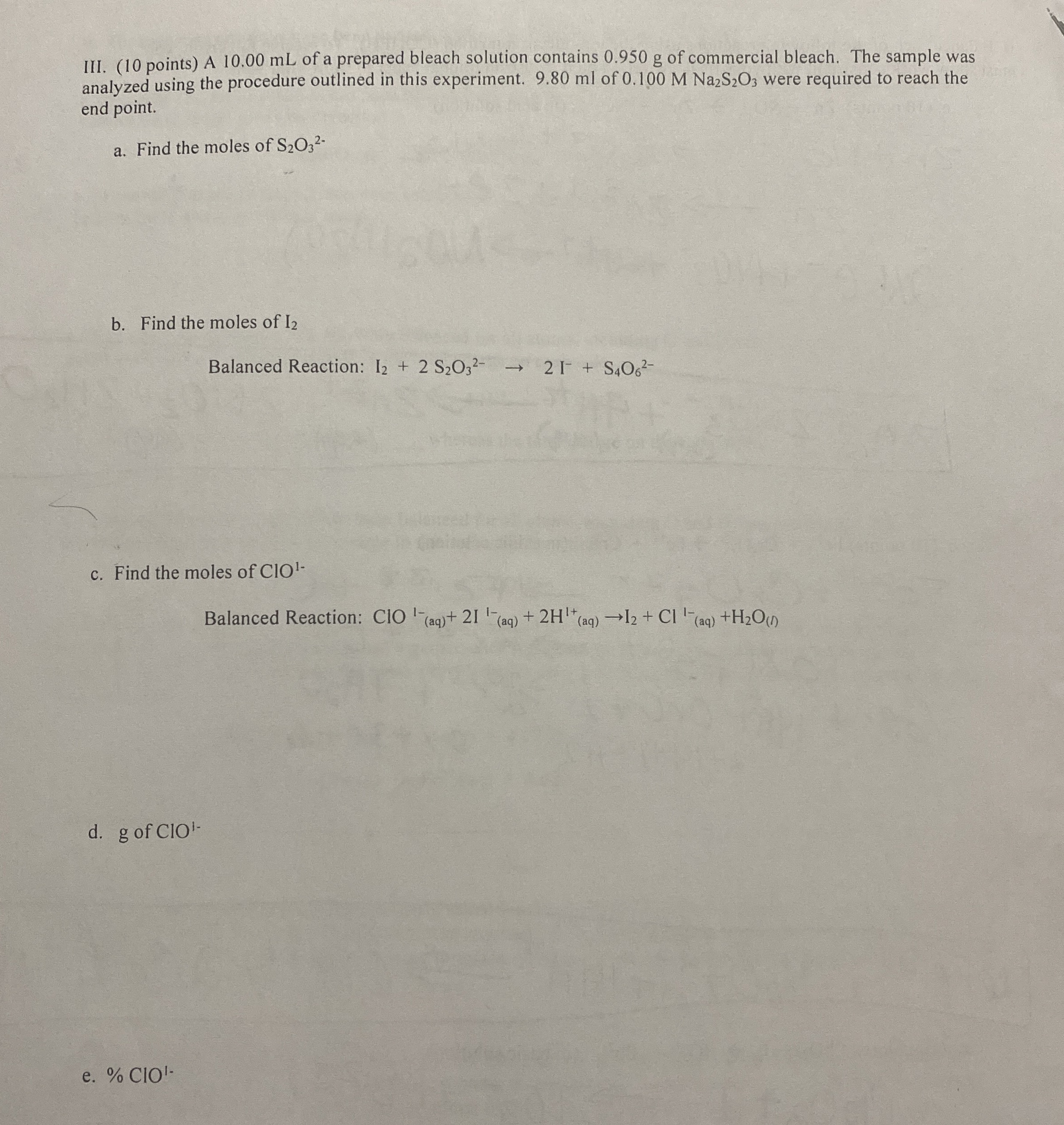 Solved III. ( 10 ﻿points) ﻿A 10.00 ﻿mL of a prepared bleach | Chegg.com