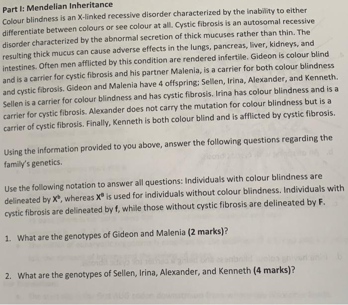 Solved Part I: Mendelian Inheritance Colour blindness is an | Chegg.com