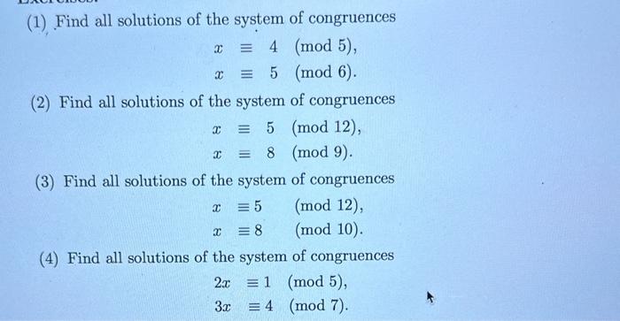 (1) Find all solutions of the system of congruences | Chegg.com