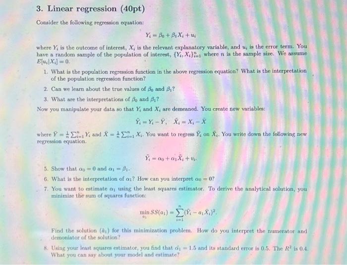 Solved 3. Linear regression (40pt) Consider the following | Chegg.com