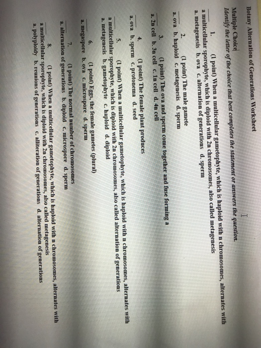 Solved Botany Alternation of Generations Worksheet Multiple | Chegg.com