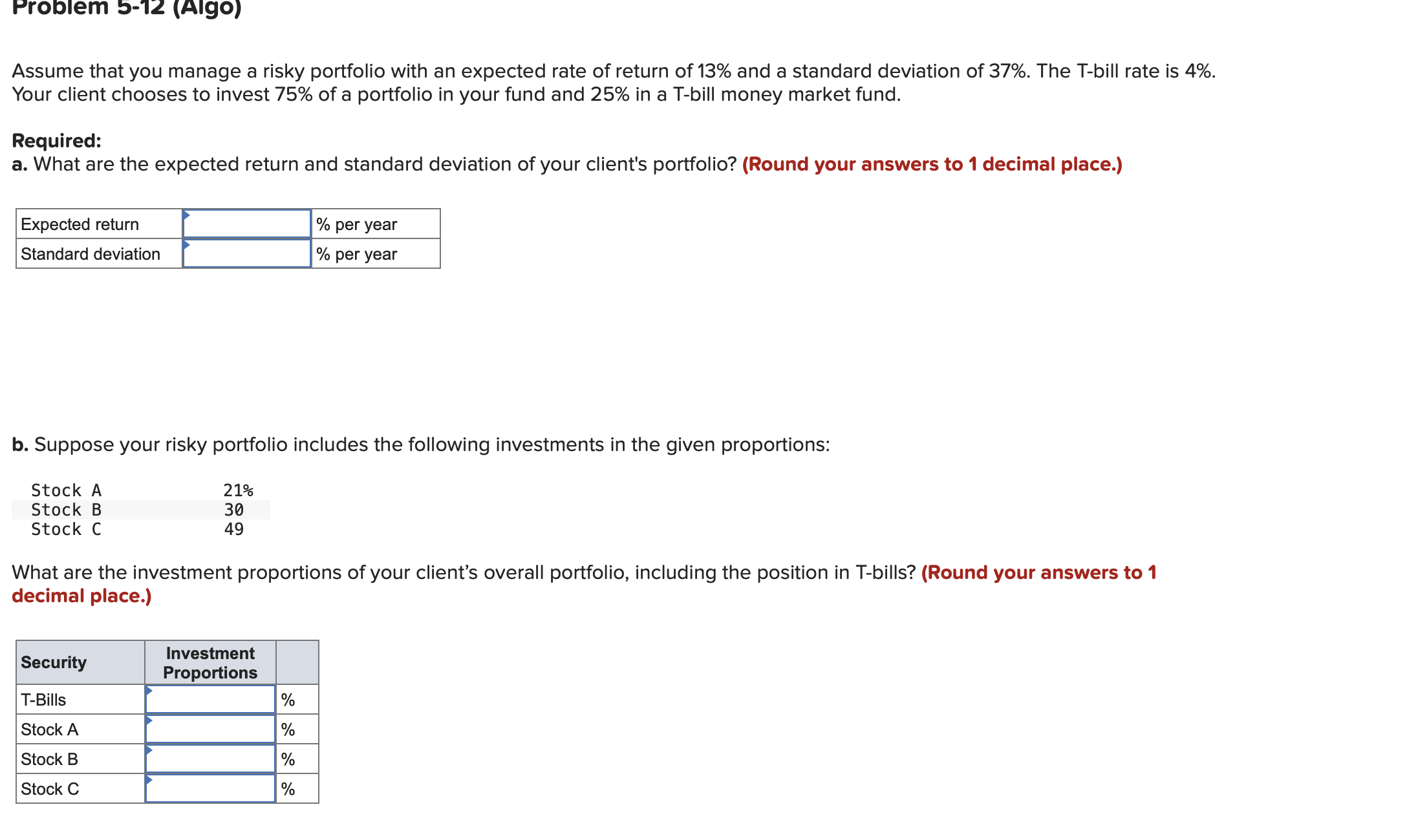 Solved Problem 5-12 (Algo)Assume that you manage a risky | Chegg.com