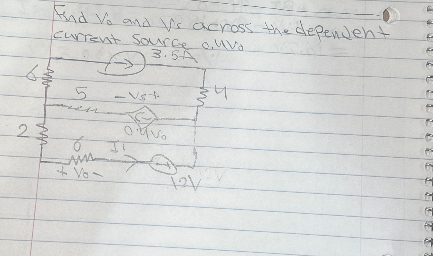 Find V0 ﻿and Vs ﻿across the dependent current source | Chegg.com