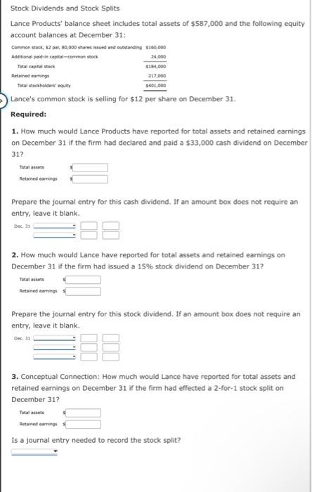 Solved Stock Dividends and Stock Splits Lance Products' | Chegg.com