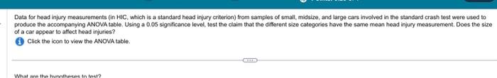 Solved Data for head injury measurements (in HIC, which is a | Chegg.com
