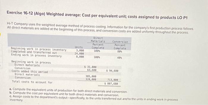 Solved Exercise 16-17 (Algo) Weighted average: Production | Chegg.com