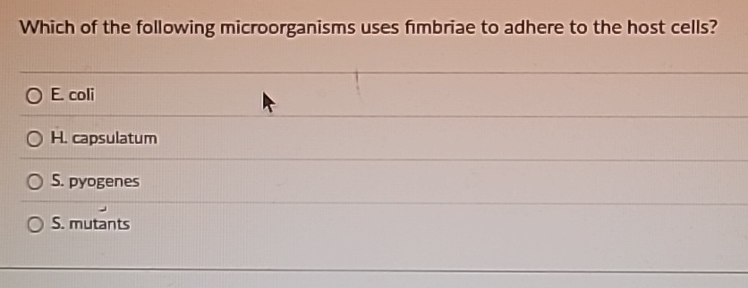 Solved Which of the following microorganisms uses fimbriae | Chegg.com
