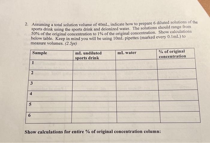 Solved 2. Assuming a total solution volume of 40 mL, | Chegg.com