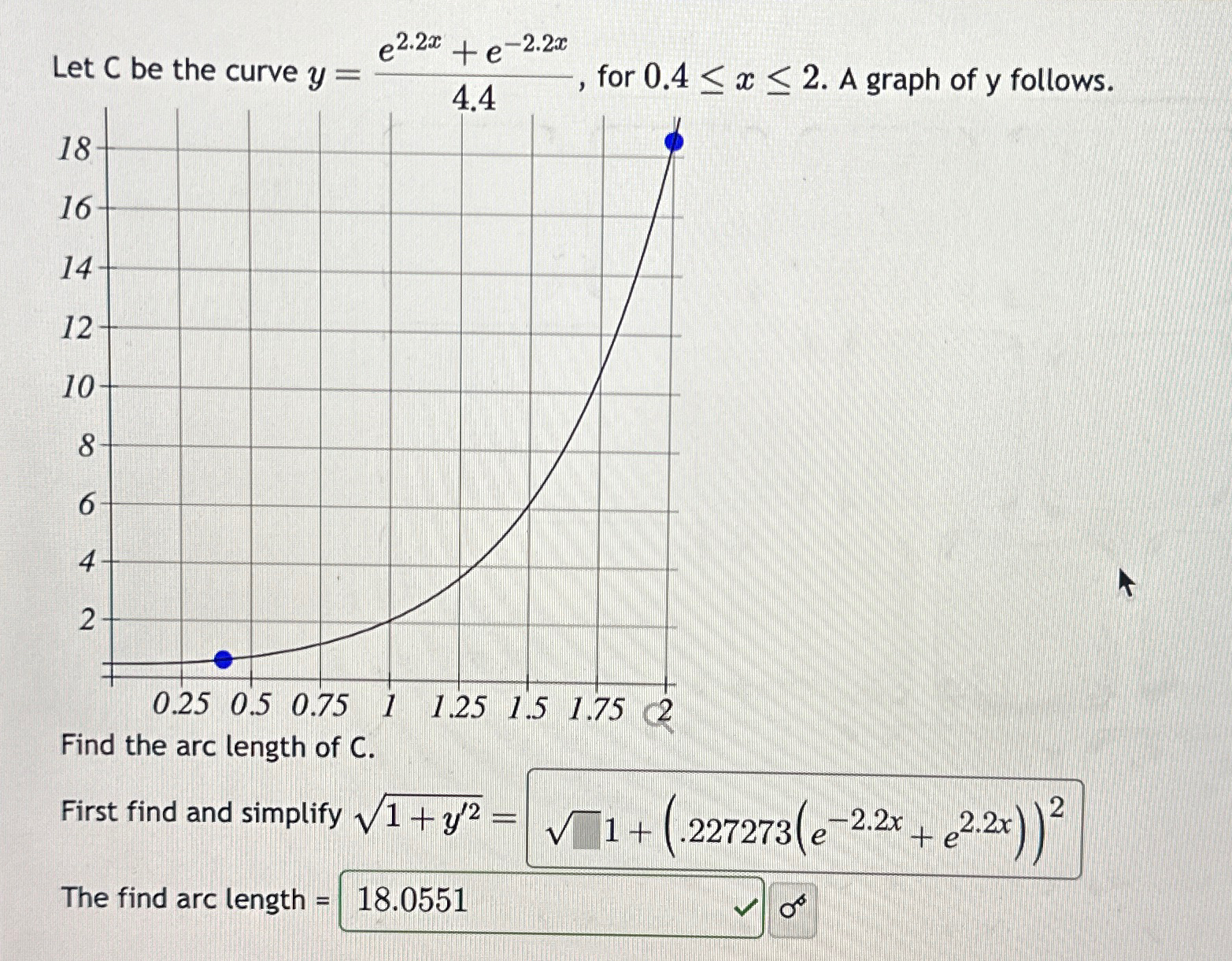 Solved Let C ﻿be the curve y=e2.2x+e-2.2x4.4, ﻿for 0.4≤x≤2. | Chegg.com