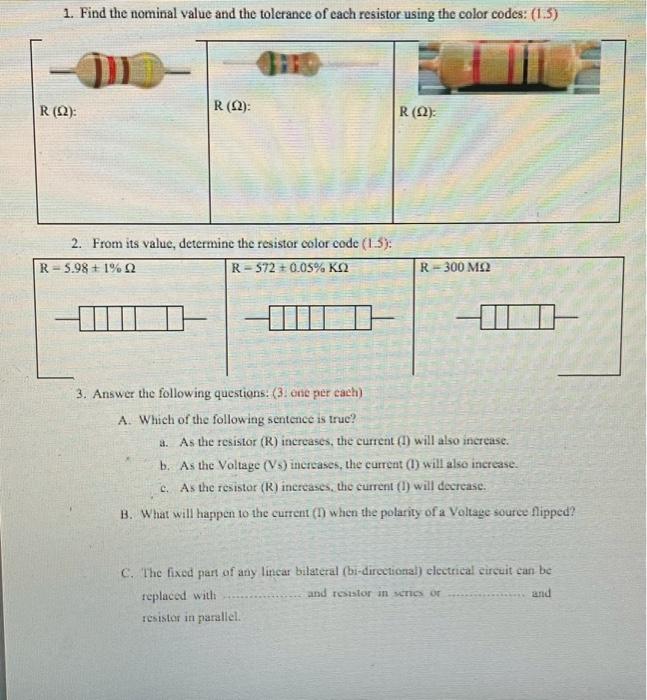 Solved 1. Find the nominal value and the tolerance of each | Chegg.com