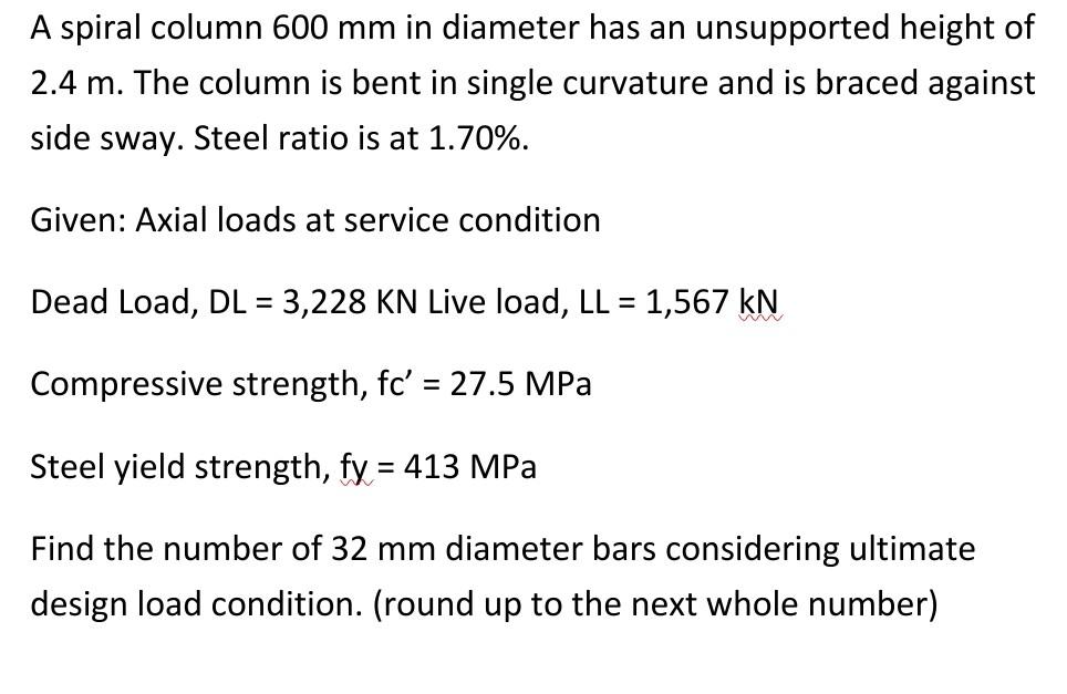 Solved A spiral column 600 mm in diameter has an unsupported | Chegg.com