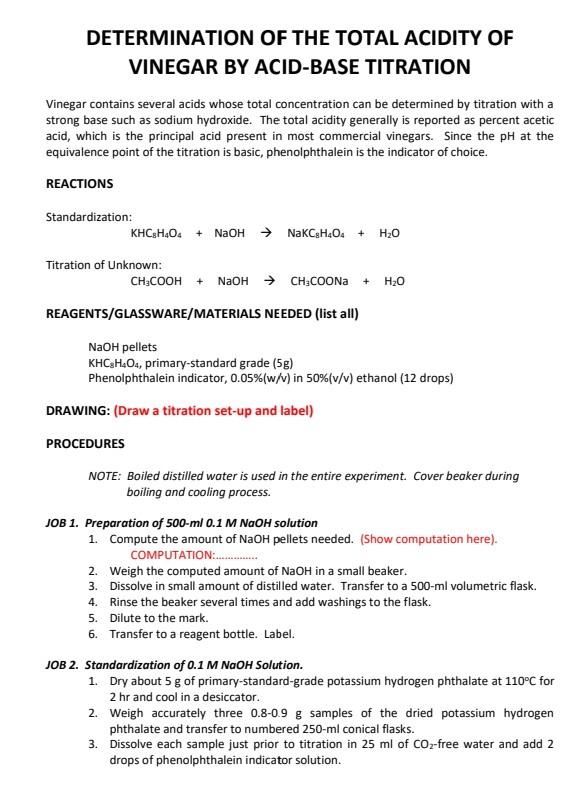 Solved DETERMINATION OF THE TOTAL ACIDITY OF VINEGAR BY | Chegg.com