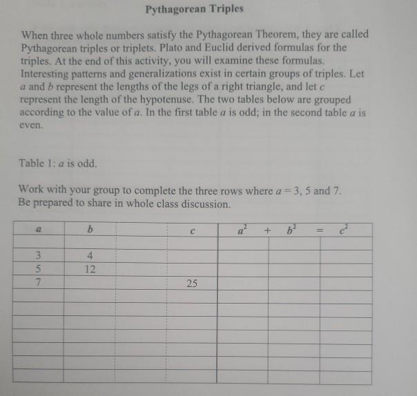 Solved Pythagorean Triples When three whole numbers satisfy | Chegg.com
