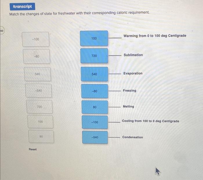 Solved Match the changes of state for freshwater with their | Chegg.com