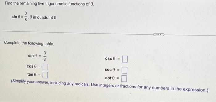 Solved Find the remaining five trigonometic functions of θ. | Chegg.com
