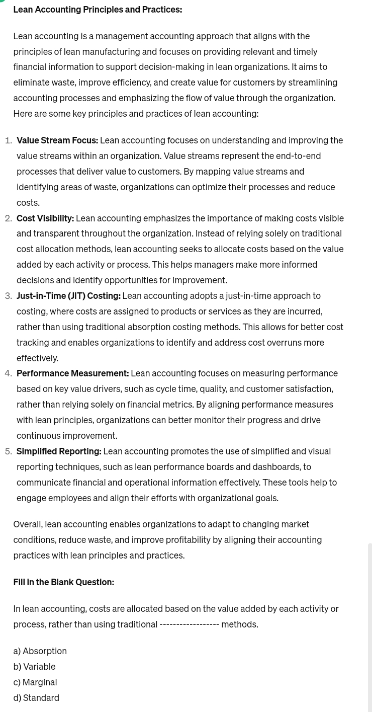 Solved Lean Accounting Principles and Practices:Lean | Chegg.com