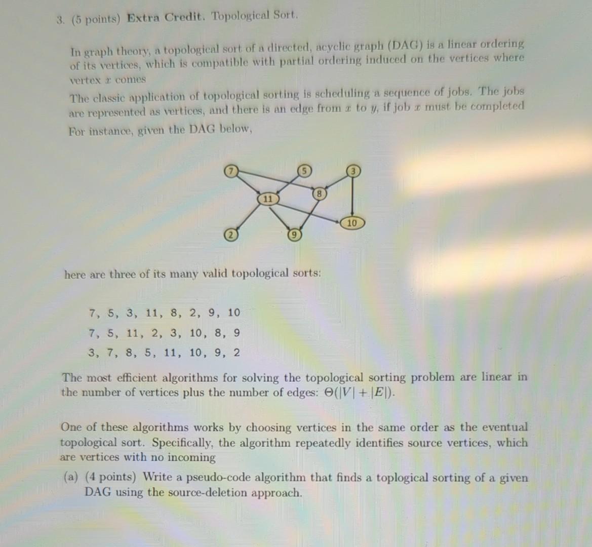 Solved 3. (5 points) Extra Credit. Topological Sort. In | Chegg.com