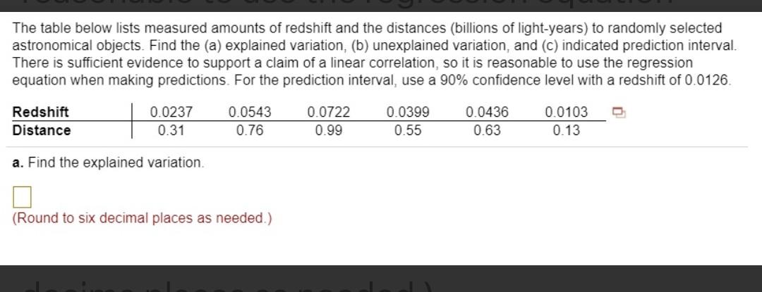 Solved The table below lists measured amounts of redshift | Chegg.com
