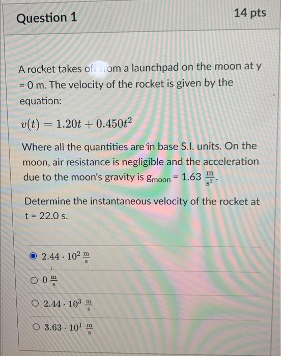 Solved A rocket takes of om a launchpad on the moon at y =0 | Chegg.com
