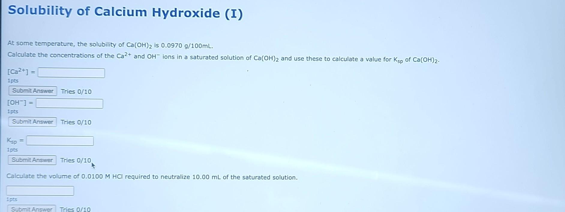Solved Solubility of Calcium Hydroxide (I) At some | Chegg.com