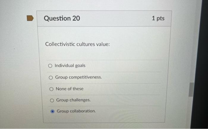 Solved Collectivistic cultures value: Individual goals Group | Chegg.com