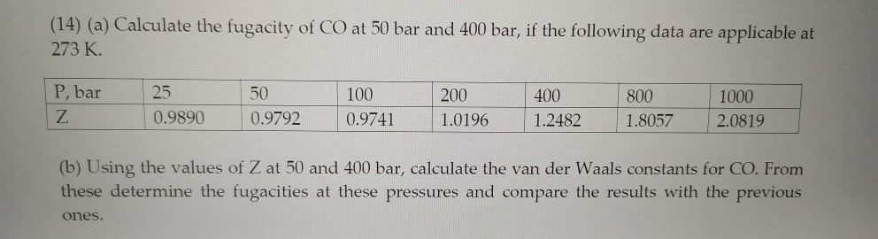 Solved (14) (a) Calculate the fugacity of CO at 50 bar and | Chegg.com