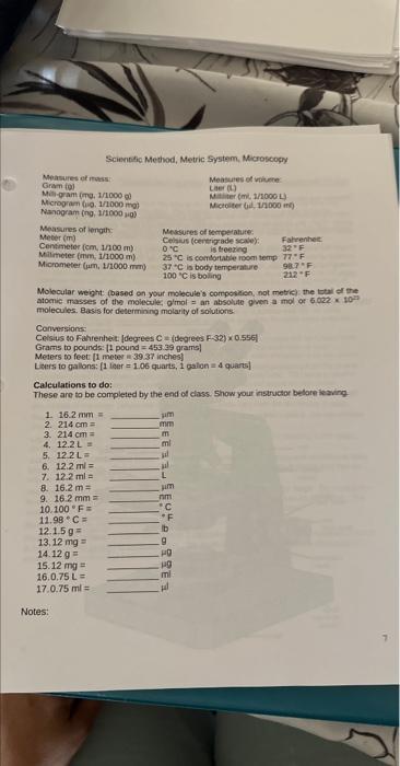 Solved Sciennic Method, Metric System. Microscopy Molecular | Chegg.com