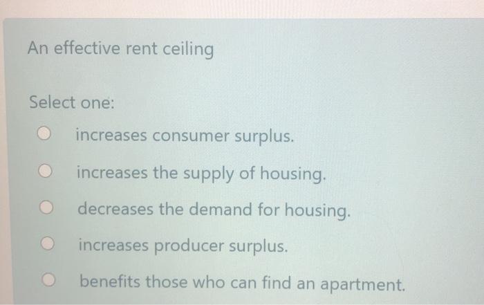 Solved An effective rent ceiling Select one: increases | Chegg.com