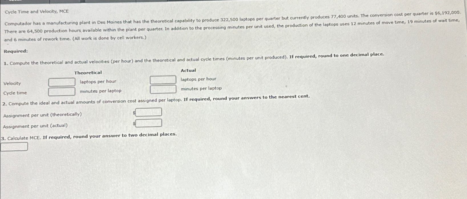 Solved Cycle Time and Velocity, MCE and 6 ﻿minutes of rework | Chegg.com