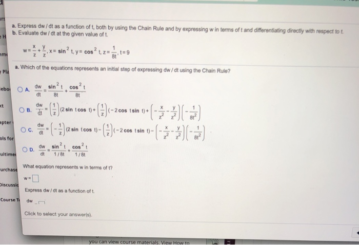 Solved a. Express dw/dt as a function of t, both by using | Chegg.com