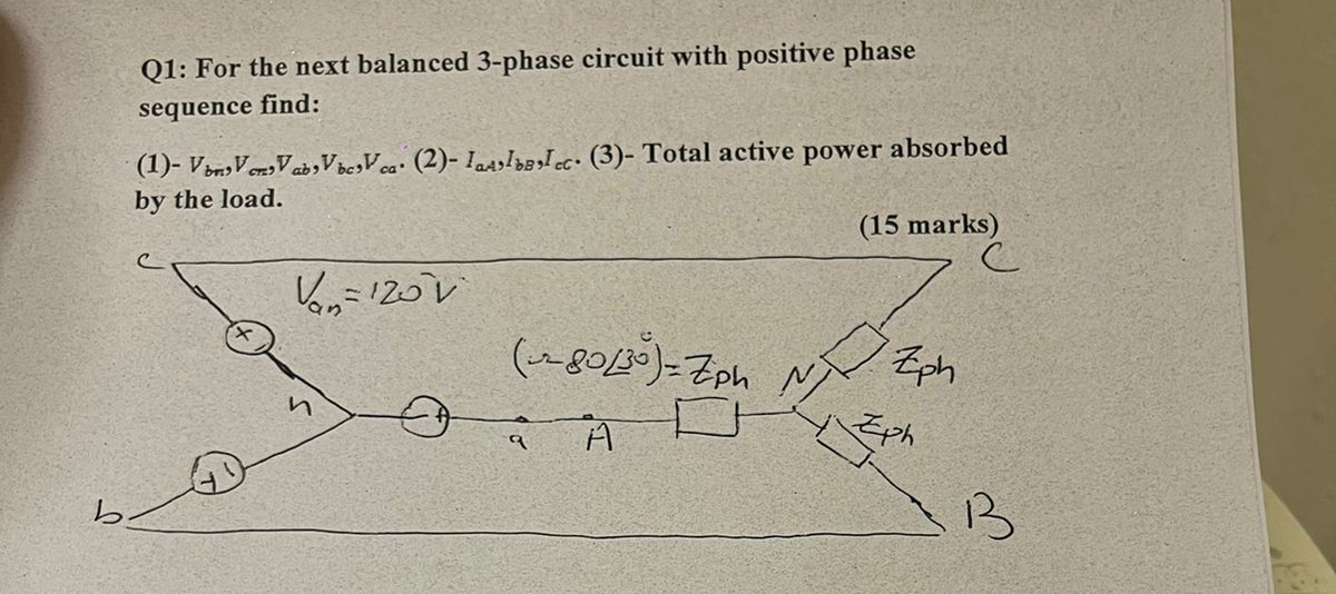 Solved Q1: For the next balanced 3-phase circuit with | Chegg.com