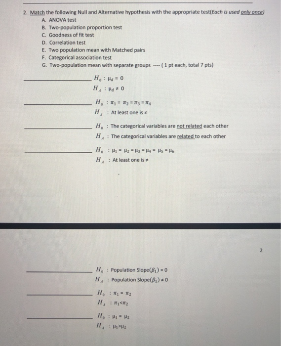 Solved 2. Match the following Null and Alternative | Chegg.com