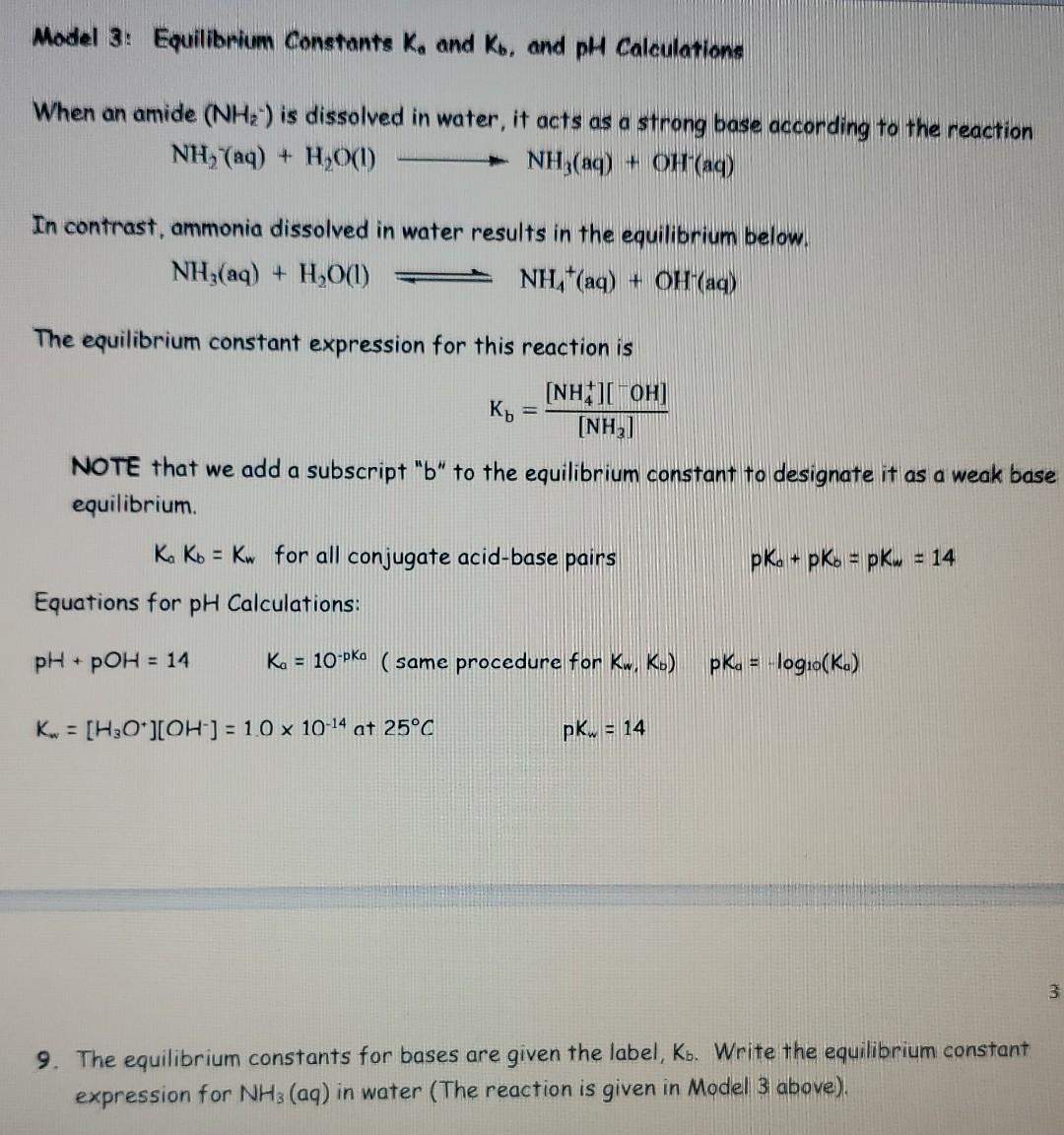 Solved Model 3: Equilibrium Constants K. and Kb. and pH | Chegg.com