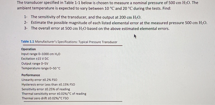 Solved The transducer specified in Table 1-1 below is chosen | Chegg.com
