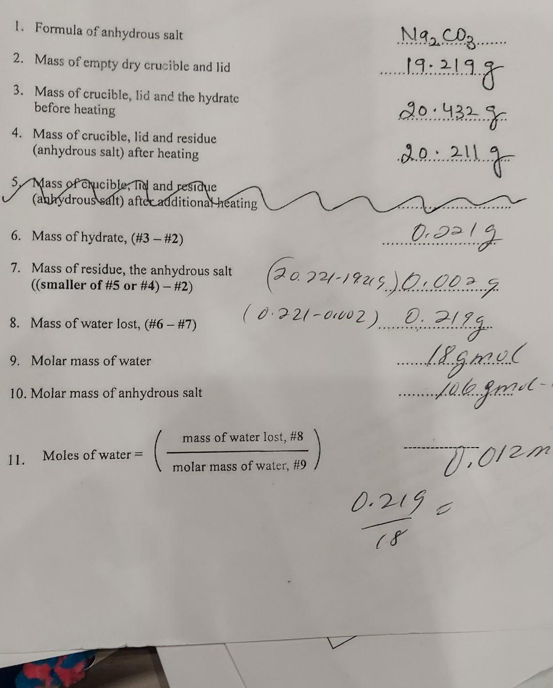 Solved mass of anhydrous salt, #7 12. Moles of anhydrous | Chegg.com
