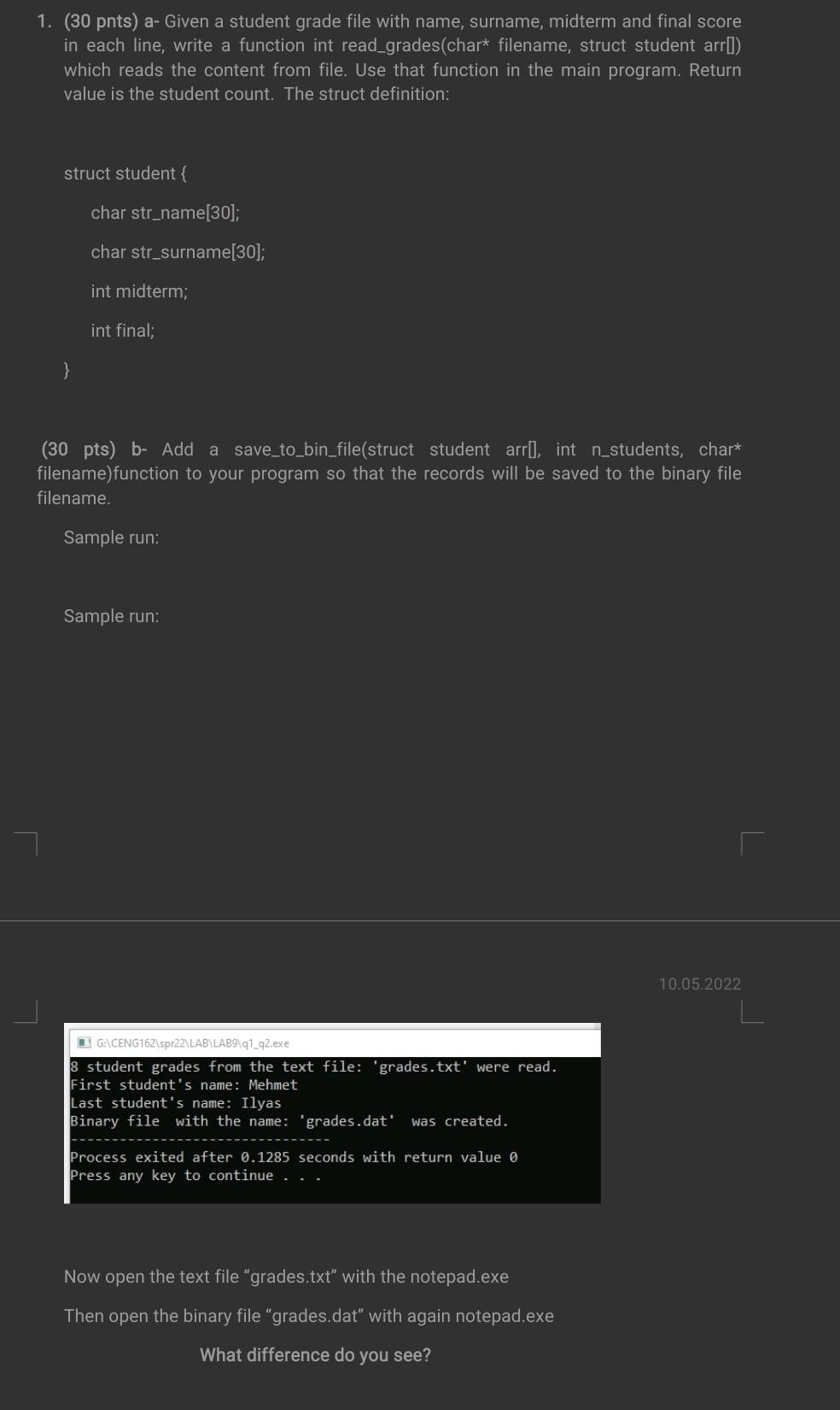 Solved 1. (30 pnts) a- Given a student grade file with name, | Chegg.com