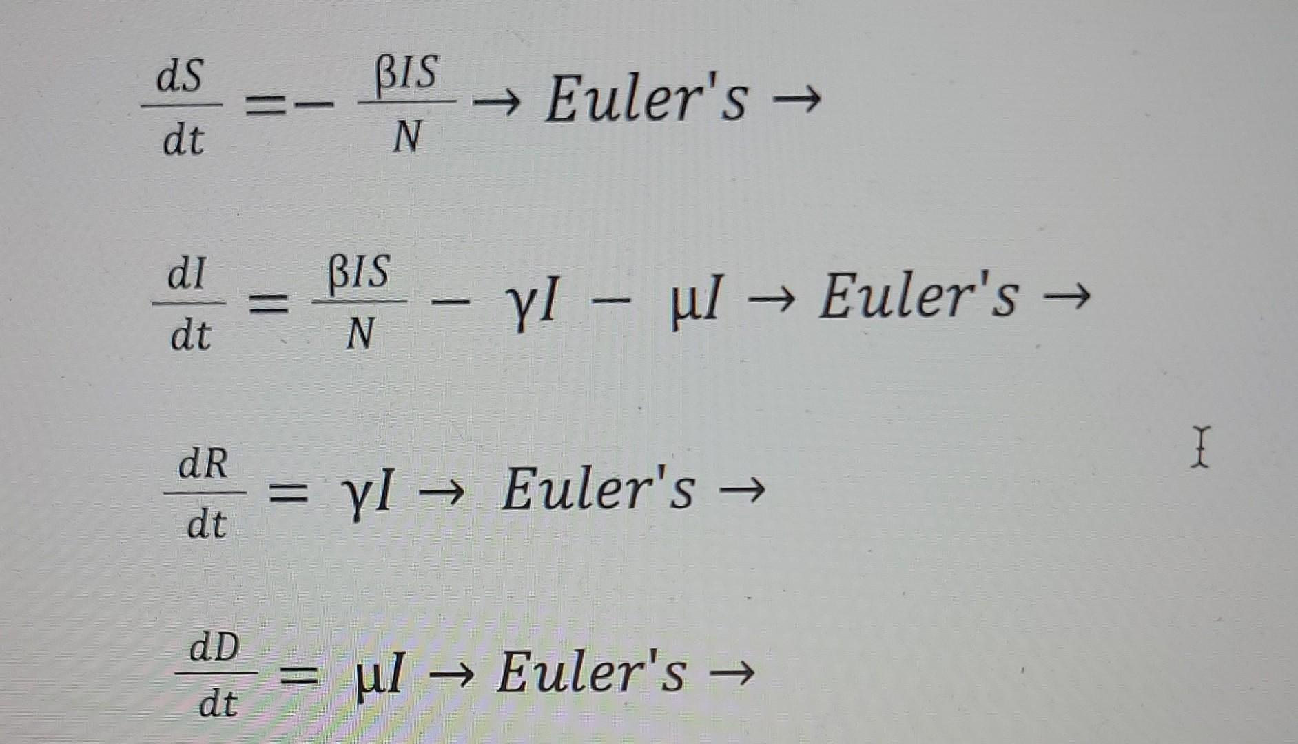 Solved dtdS=−NβIS→ Euler's → dtdI=NβIS−γI−μI→ Euler's ′→ | Chegg.com