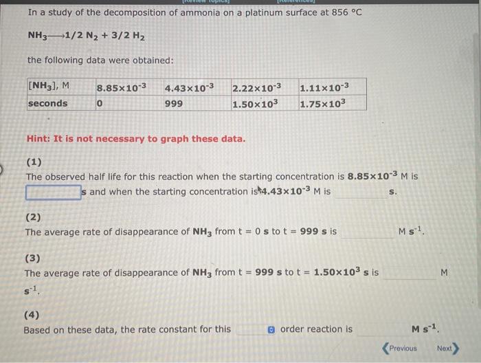 Solved In a study of the decomposition of ammonia on a | Chegg.com