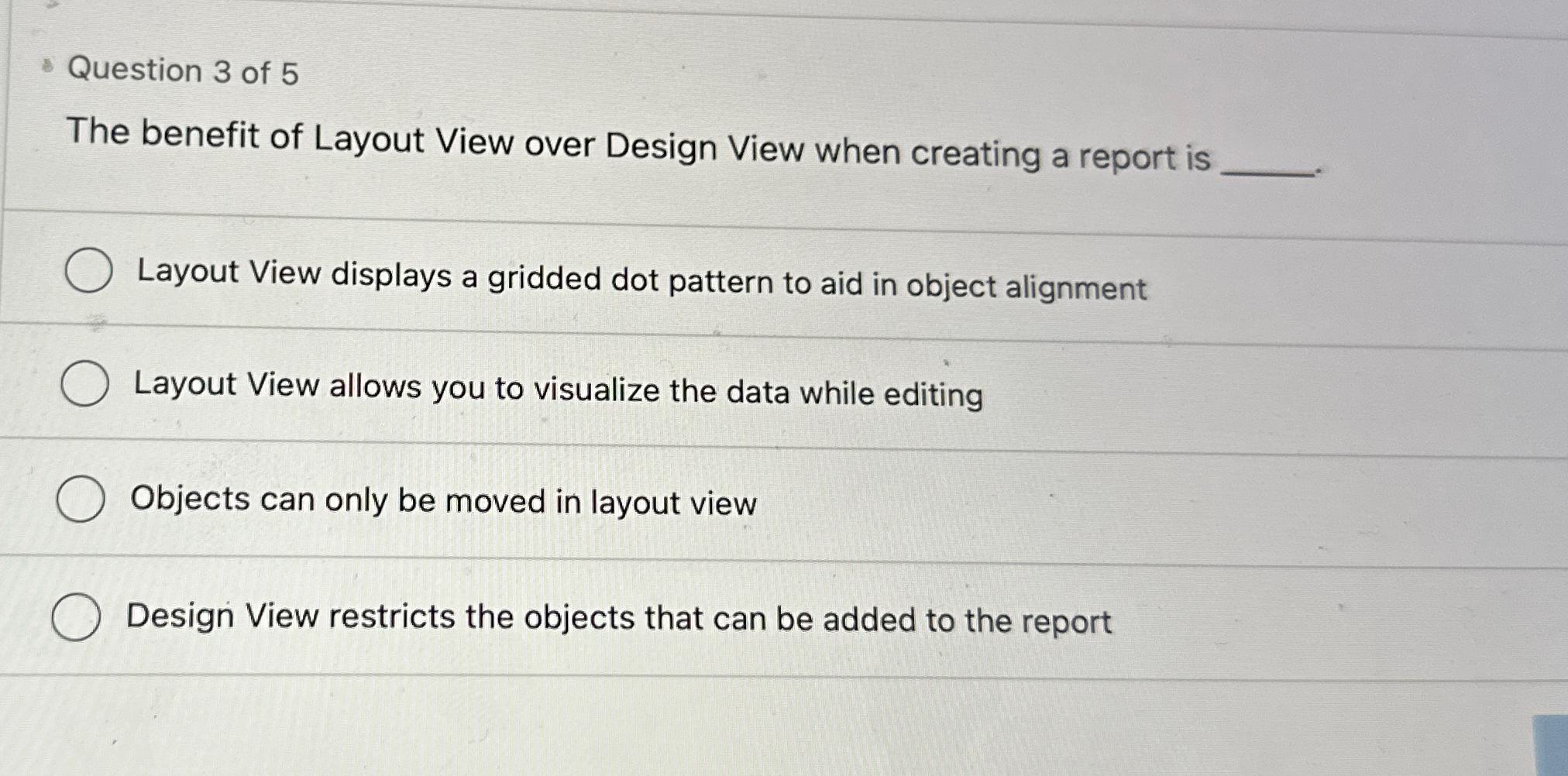 Solved Question 3 ﻿of 5The benefit of Layout View over | Chegg.com
