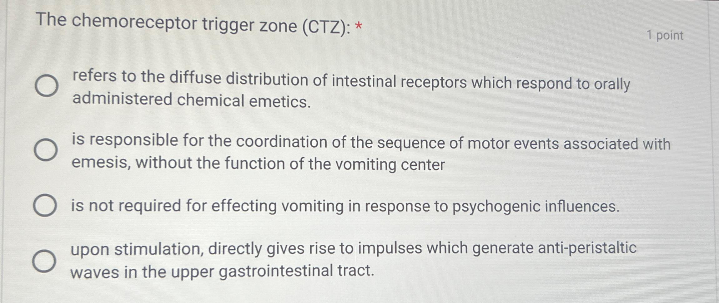 Solved The chemoreceptor trigger zone (CTZ): *refers to the | Chegg.com