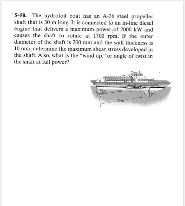 Solved 5-50. The hydrofoil boat has an A-36 steel propeller | Chegg.com