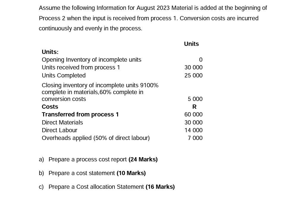 Solved Assume the following Information for August 2023 | Chegg.com