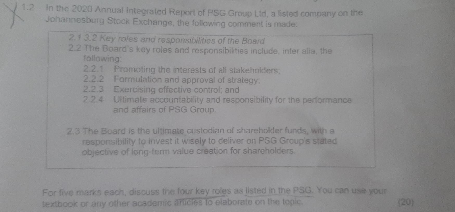 1.2. in the 2020 Annual Integrated Report of PSG | Chegg.com