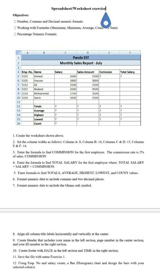 Solved Spreadsheet/Worksheet exercise Objectives: Number, | Chegg.com