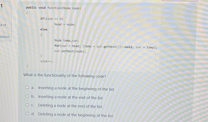 Solved public void function(Node node) if ( size head =θ)= | Chegg.com