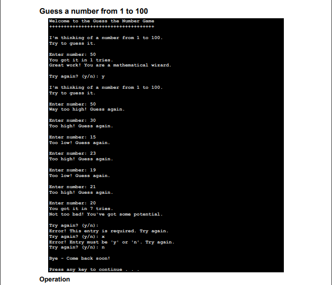 Solved OperationThe program prompts the user to enter their | Chegg.com