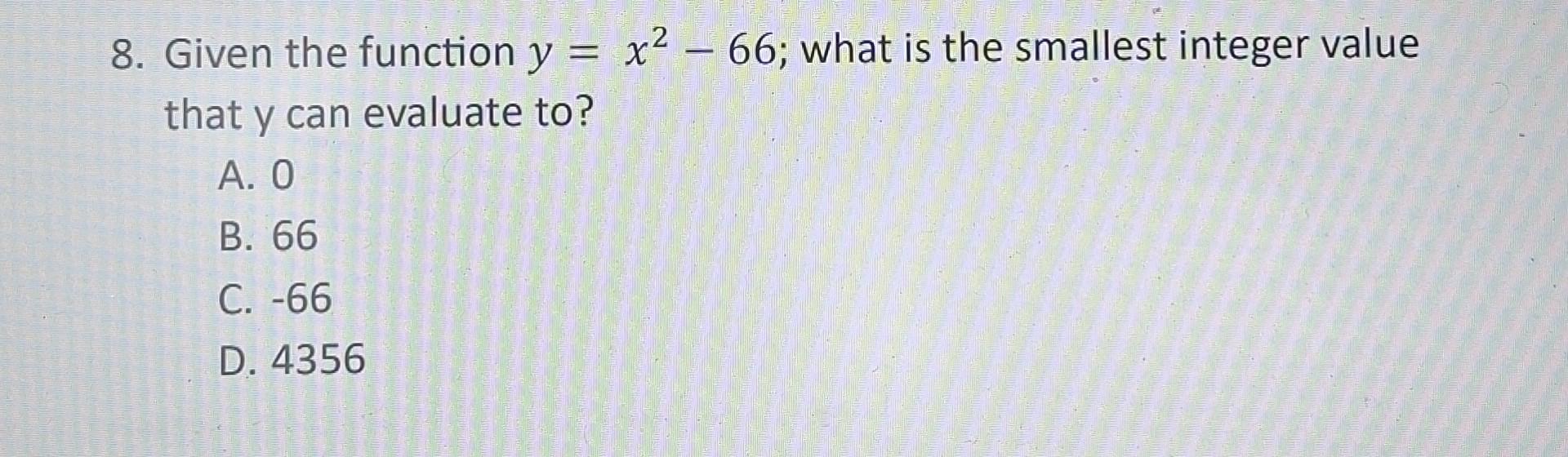 Solved 8. Given the function y=x2−66; what is the smallest | Chegg.com