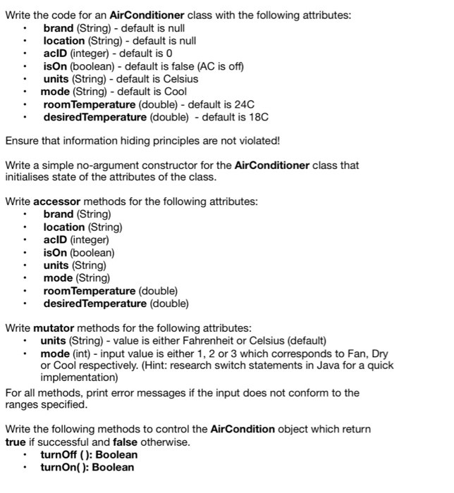 Solved Write the code for an Air Conditioner class with the | Chegg.com
